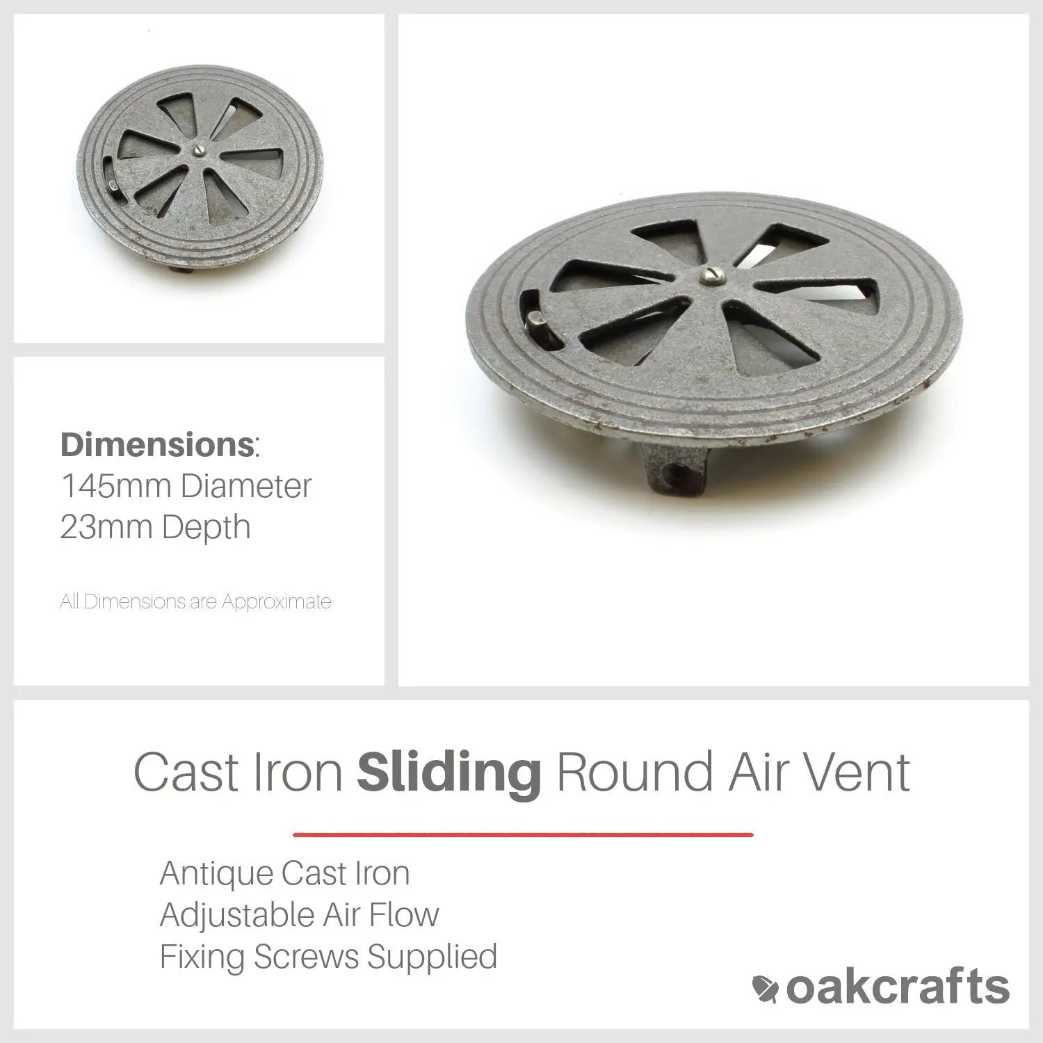 Antique Cast Iron Adjustable Sliding Round Air Vent - 150mm - – Oakcrafts