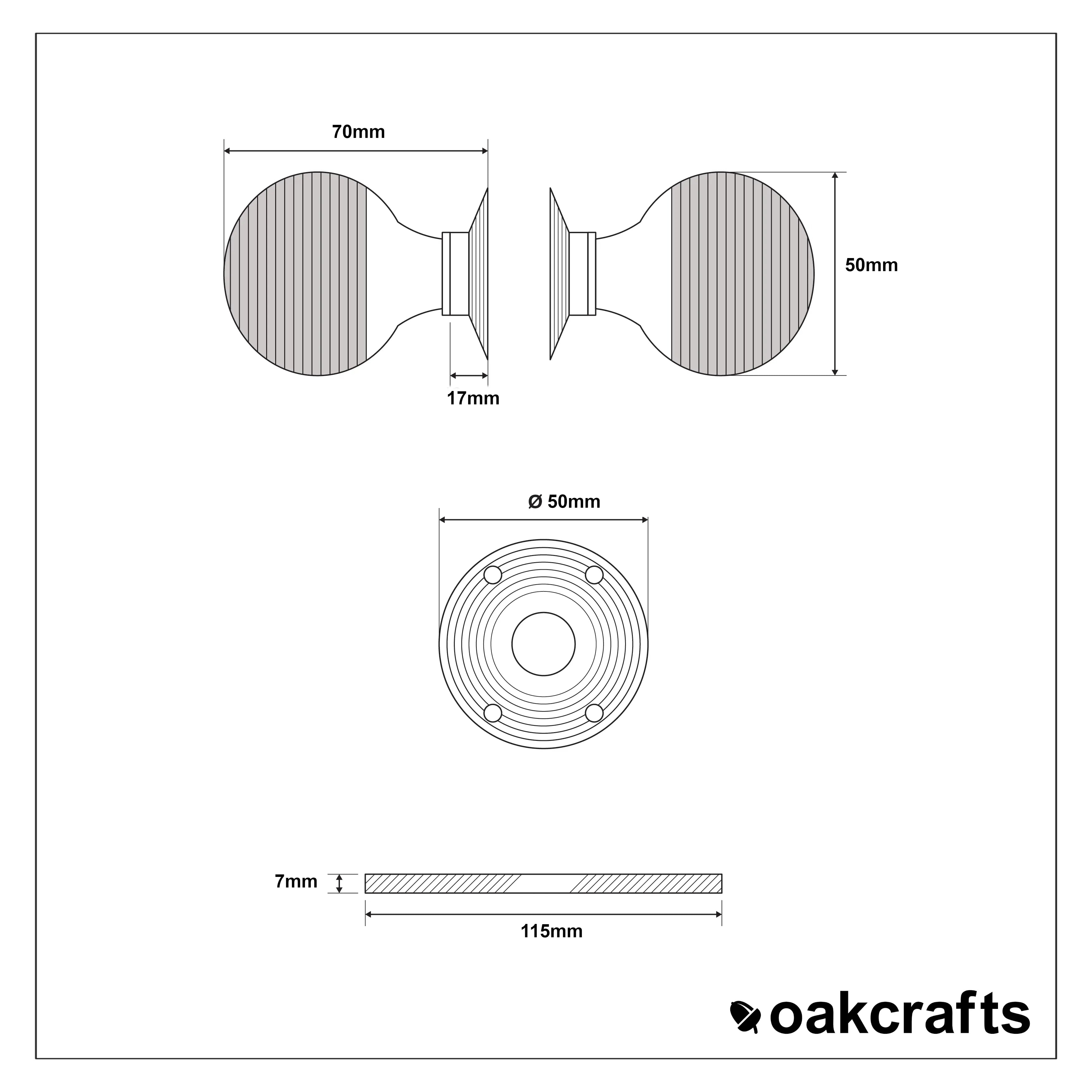 Door Knob Set Circular Rings Solid Brass 50mm - Oakcrafts