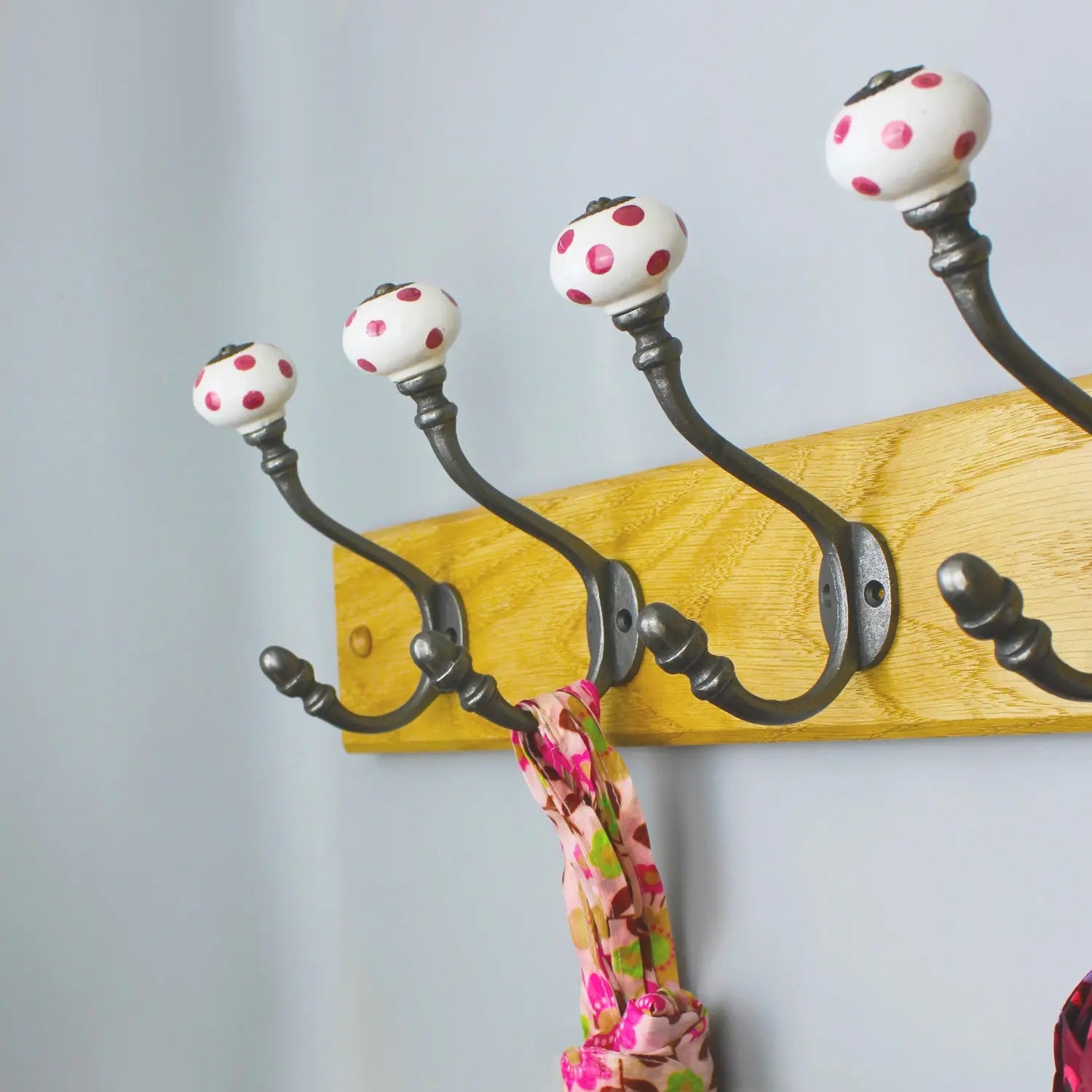 Coat Hooks - Hand Finished Pink Polka Dot Ceramic, Pack of 4 – Oakcrafts
