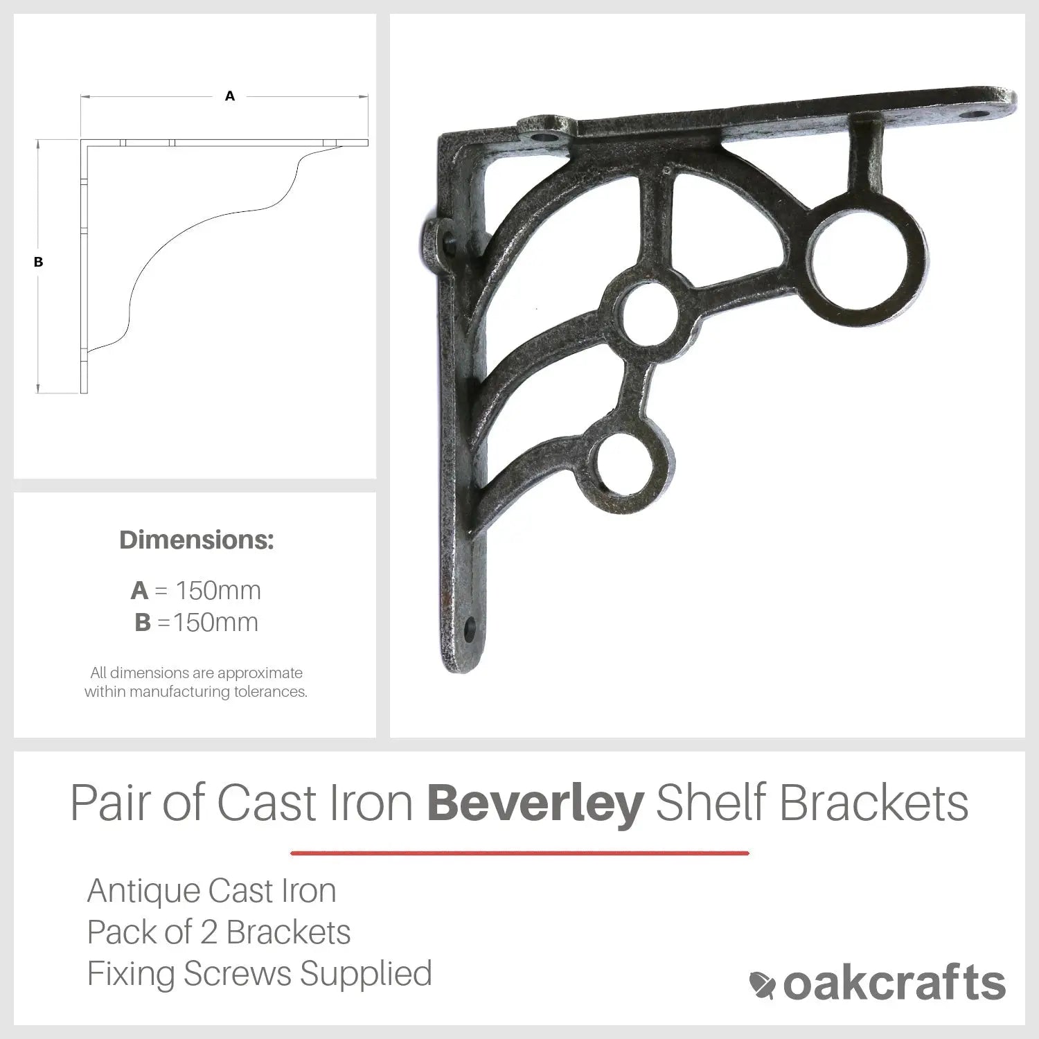 Pair of Antique Cast Iron Beverley Shelf Brackets - 150mm x 150mm ...