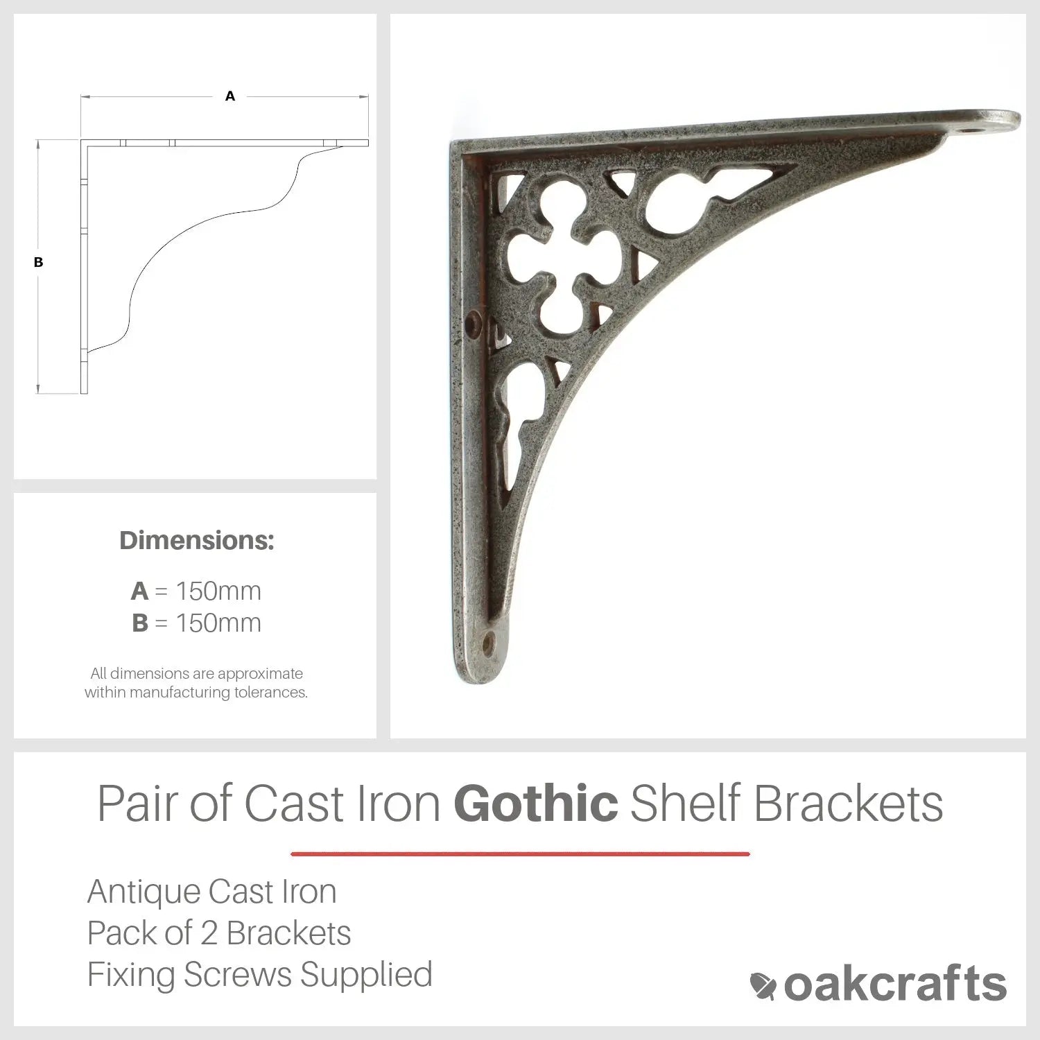Shelf Brackets - Antique Cast Iron Gothic Design, 150mm x 150mm – Oakcrafts