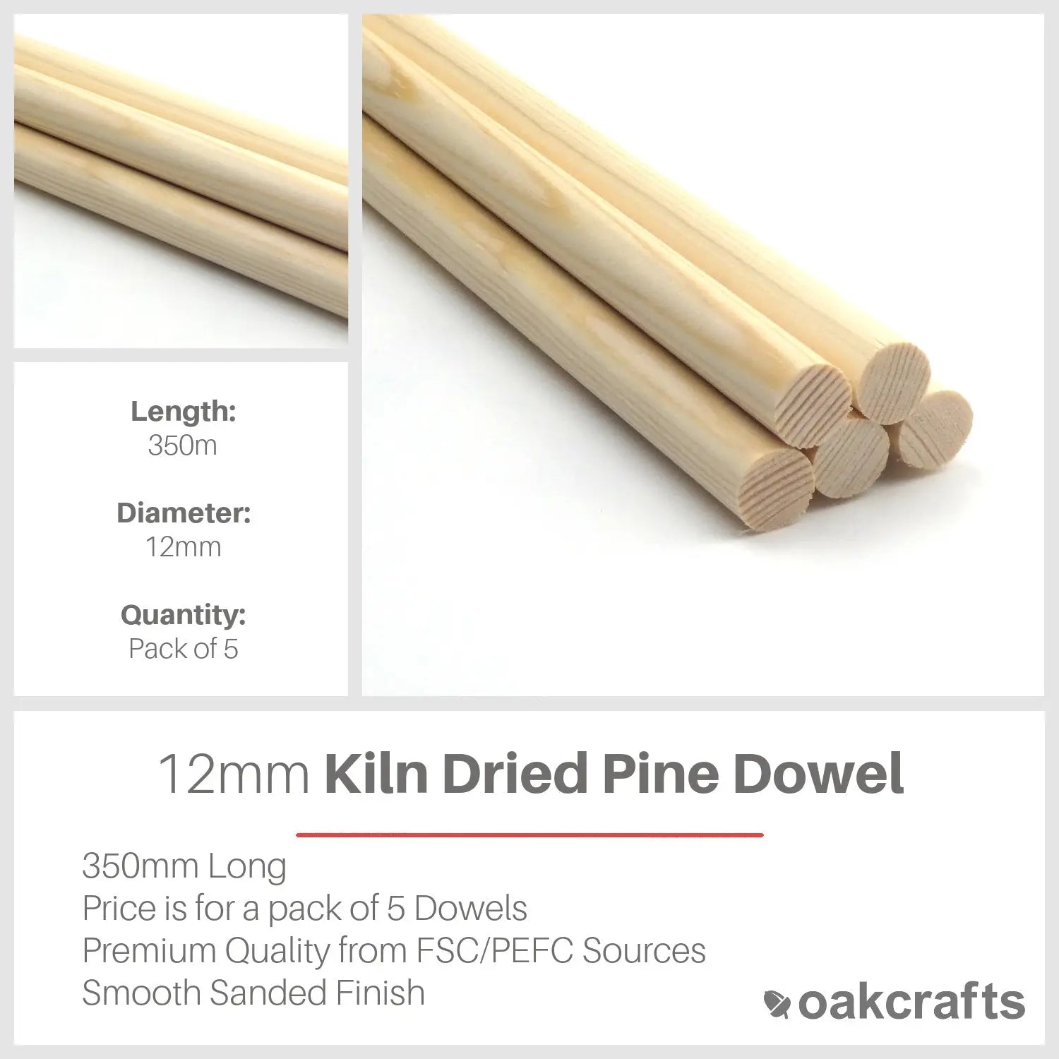 Pine Dowel Kiln Dried - 350mm Long - Pack of 5 Dowels - Oakcrafts